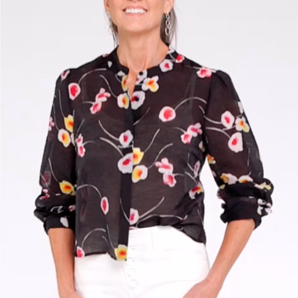 CAbi | Tops | Cabi Pink And Red Greenhouse Blouse With Mandarin Collar ...